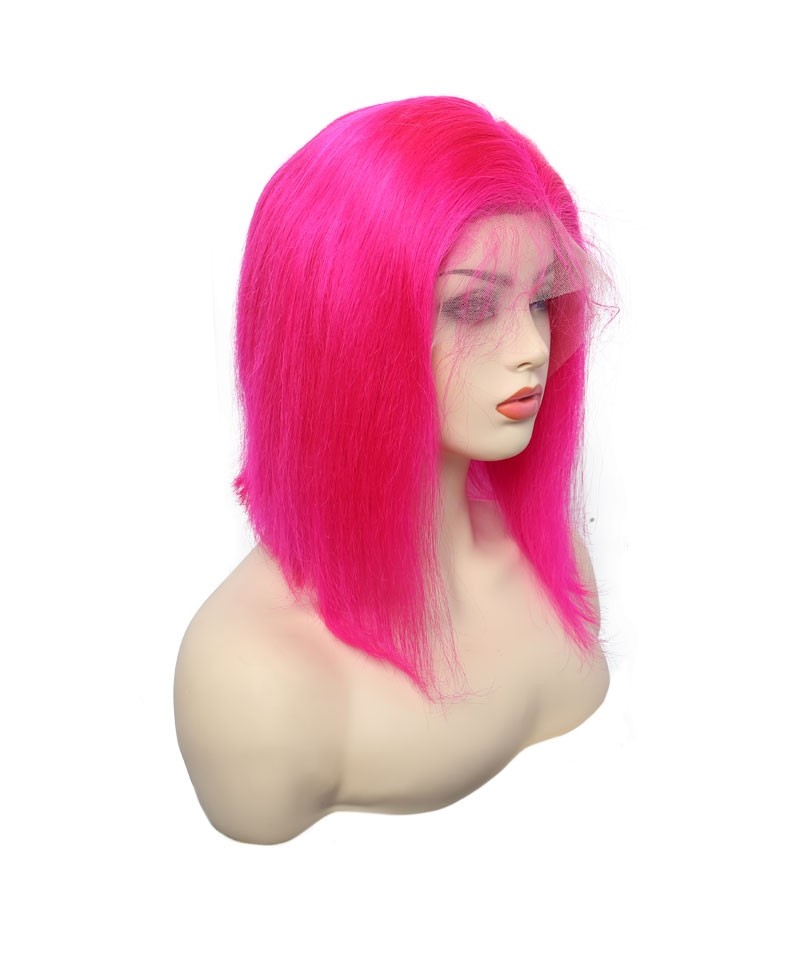 Neon Pink Lace Frontal Wigs Human Hair Bob Wig 130% Density ...